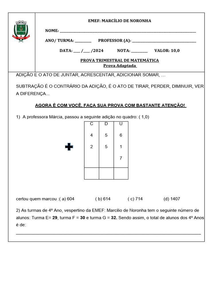 Prova Adaptada Matemática 4 Ano Pdf Matemática Elementar Números 9472