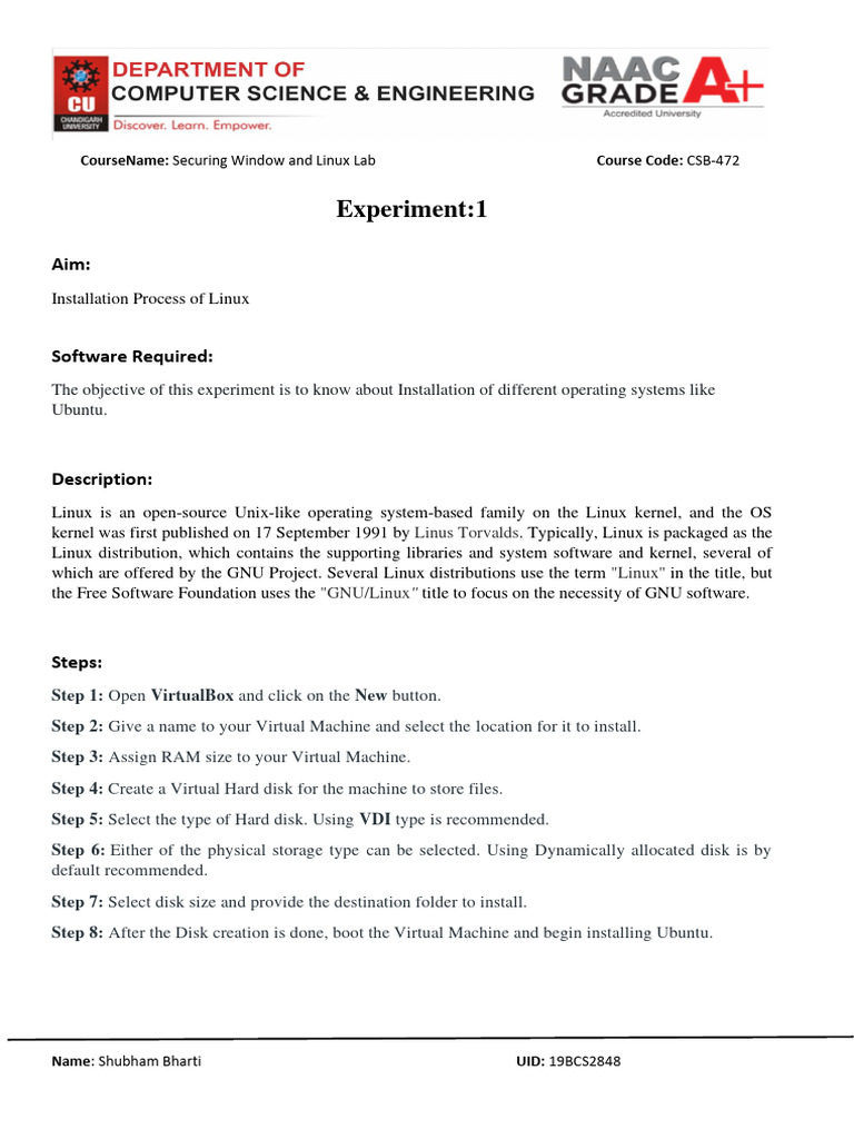 Experiment:1: The Objective of This Experiment Is To Know About Installation of Different ...