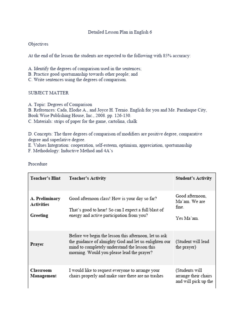 Detailed Lesson Plan in English 6 | PDF | Adjective