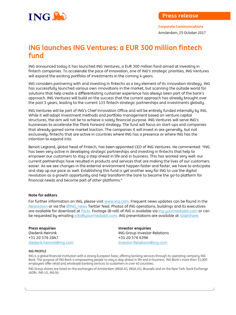 ING Launches ING Ventures | PDF | Ing Group | International Financial ...