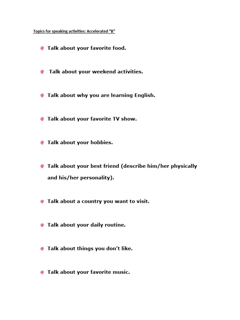Topics for speaking activities- Pre-Intermediate level | PDF