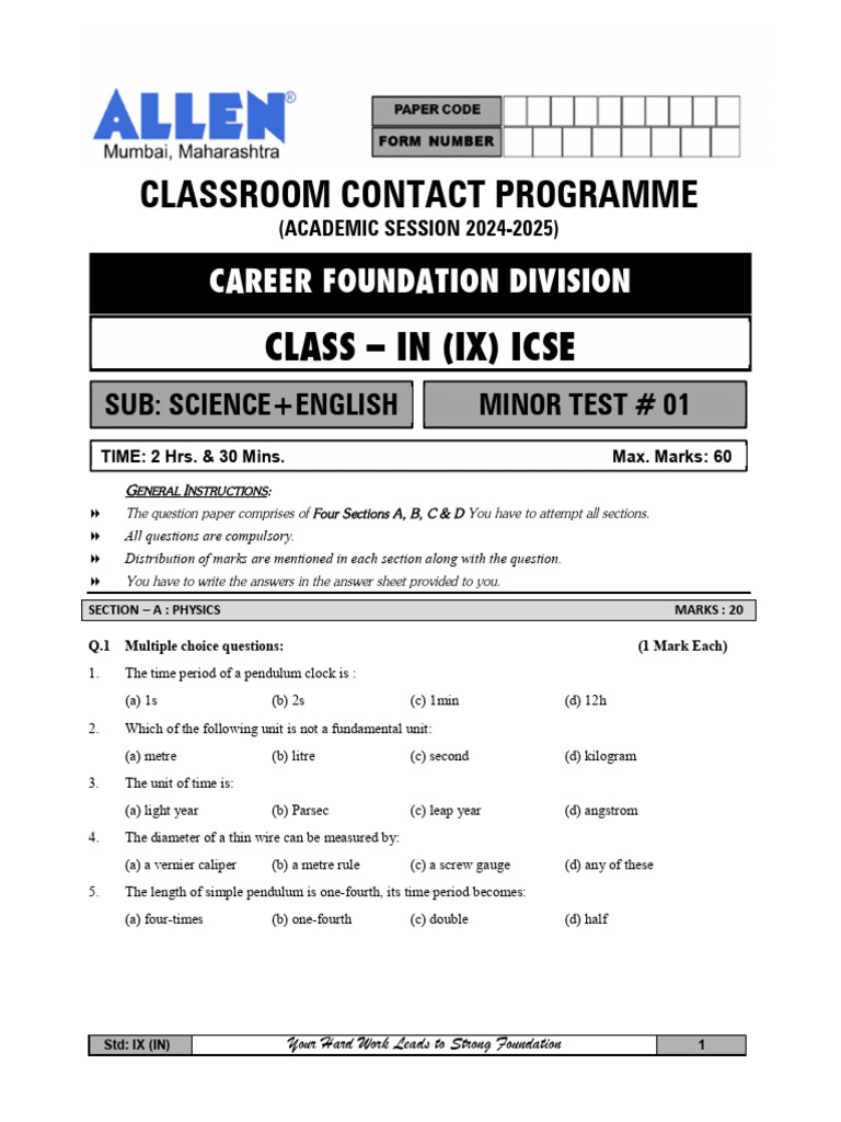 Minor-1(9th)(IN) Phy,Chem,Bio-final | PDF | Cell (Biology) | Ribosome