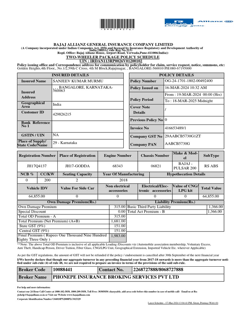 Two-Wheeler Insurance Policy | PDF | Insurance | Financial Services