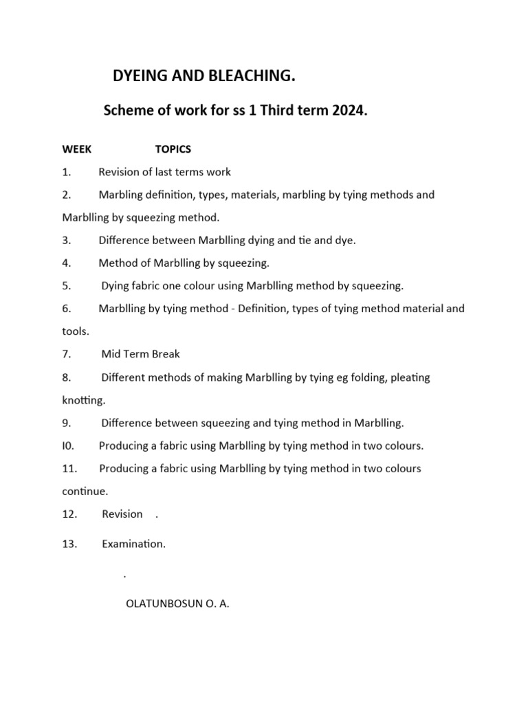 Dyeing and Bleaching Scheme of Work For 3rd Term 2024. | PDF | Knitting ...
