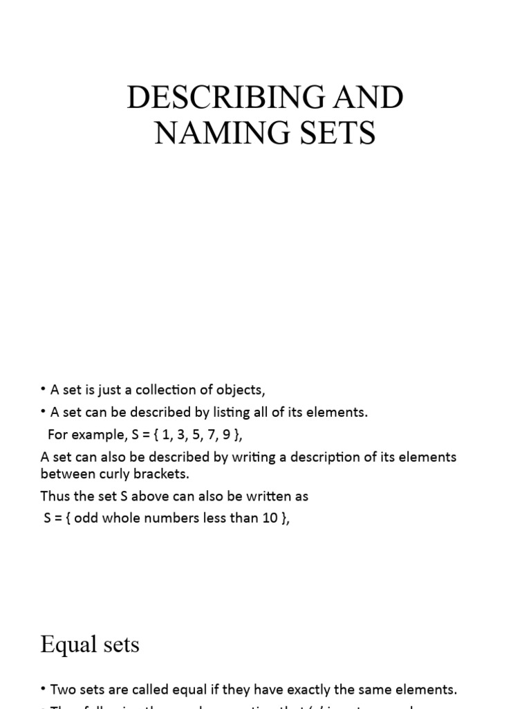DESCRIBING AND NAMING SETS | PDF | Set (Mathematics) | Mathematical Logic