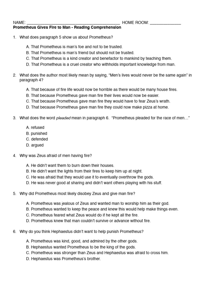 Prometheus Reading Comp Questions | PDF | Prometheus | Zeus