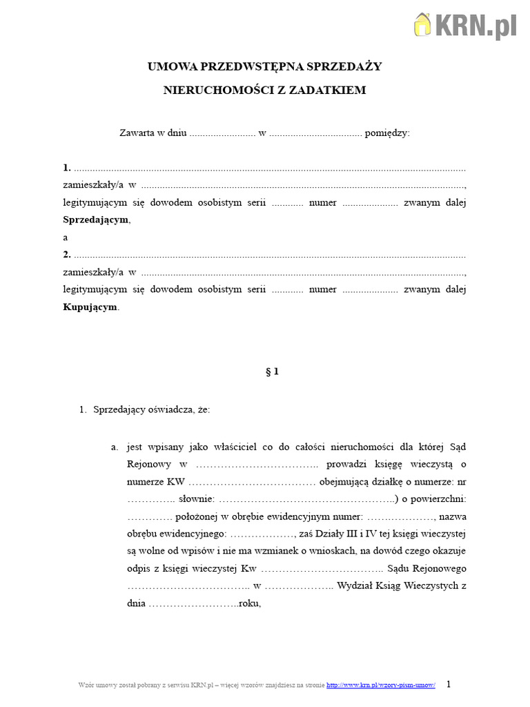 KRN - Umowa Przedwstepna Sprzedazy Nieruchomosci | PDF