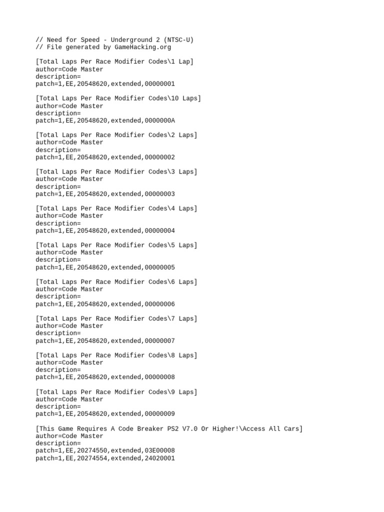 Need For Speed - Underground 2.pnach | PDF