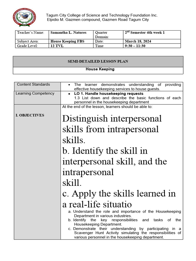 Lesson Plan 03 | PDF | Lesson Plan | Housekeeping