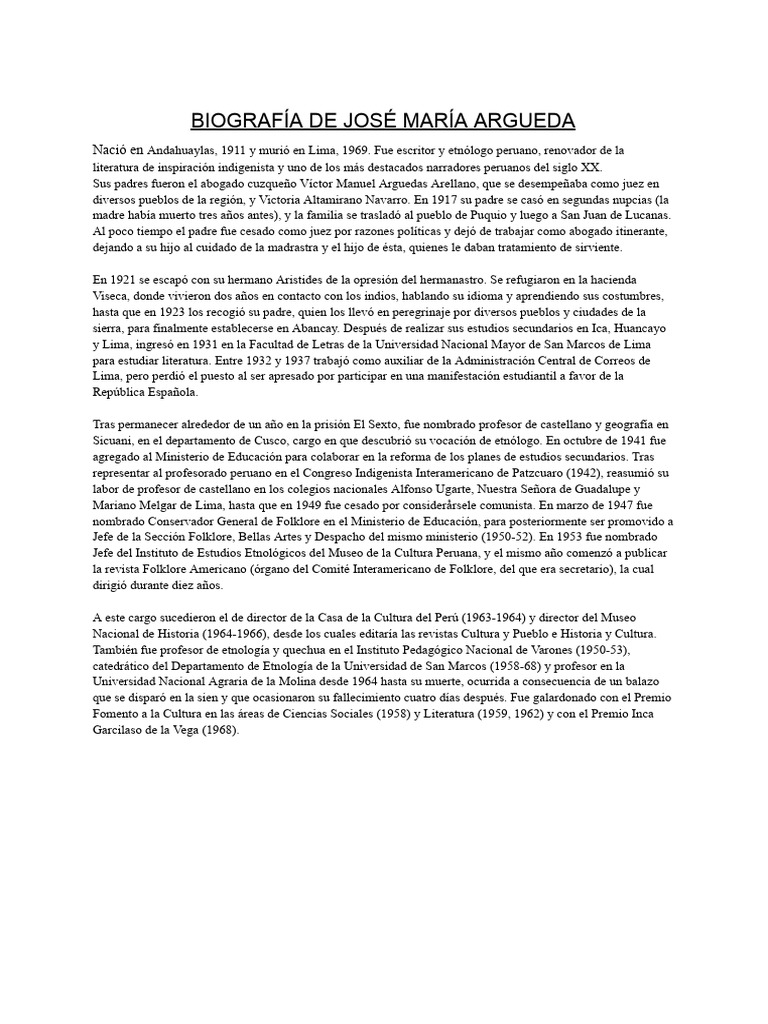 Biografía de José María Arguedas | PDF | Perú | Lima