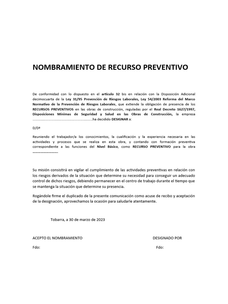 Nombramiento de Recurso Preventivo | PDF