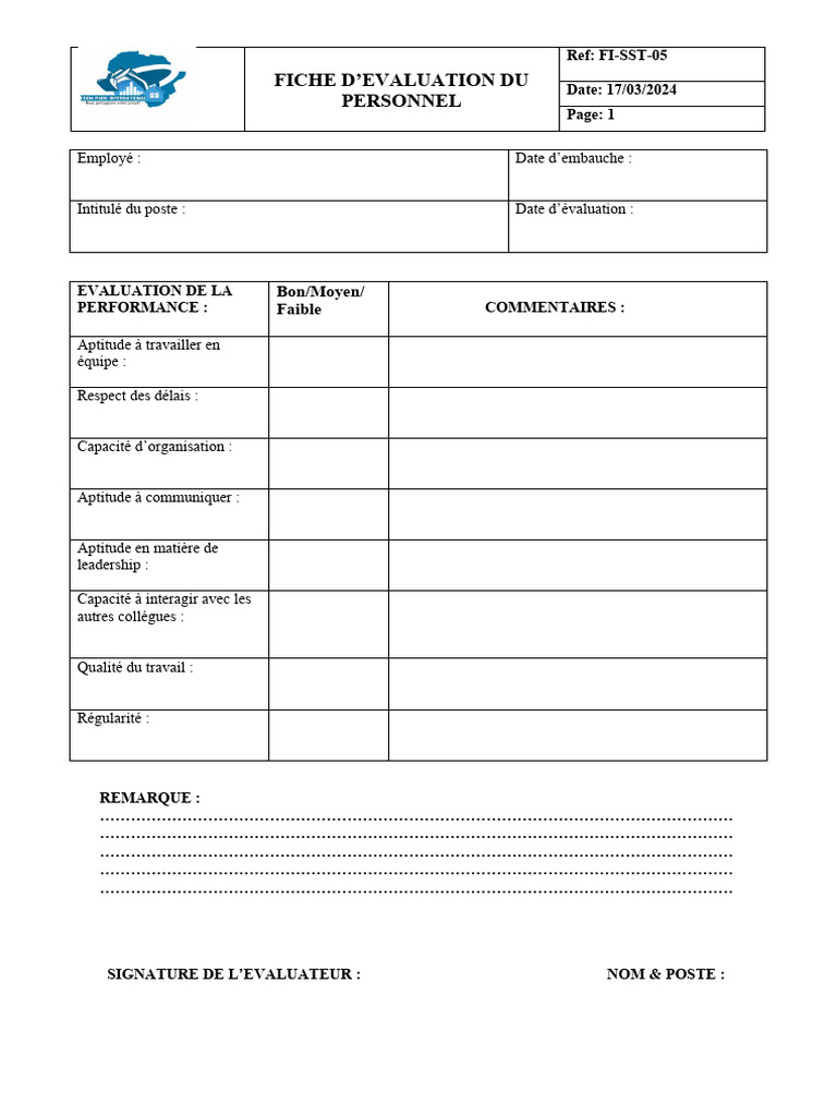 Fiche D'evaluation Du Personnel | PDF