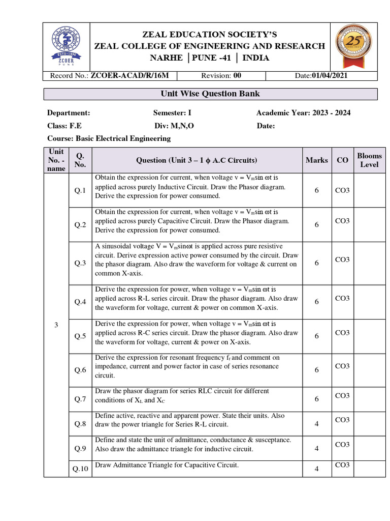 R-16m - Question Bank - Bee - Units III, IV, V, Vi | PDF | Transformer | Electrical Network