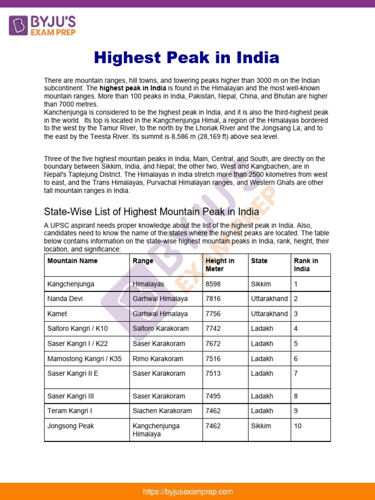 Highest Peak in India Upsc Notes 18 | PDF | Himalayas | Earth Sciences