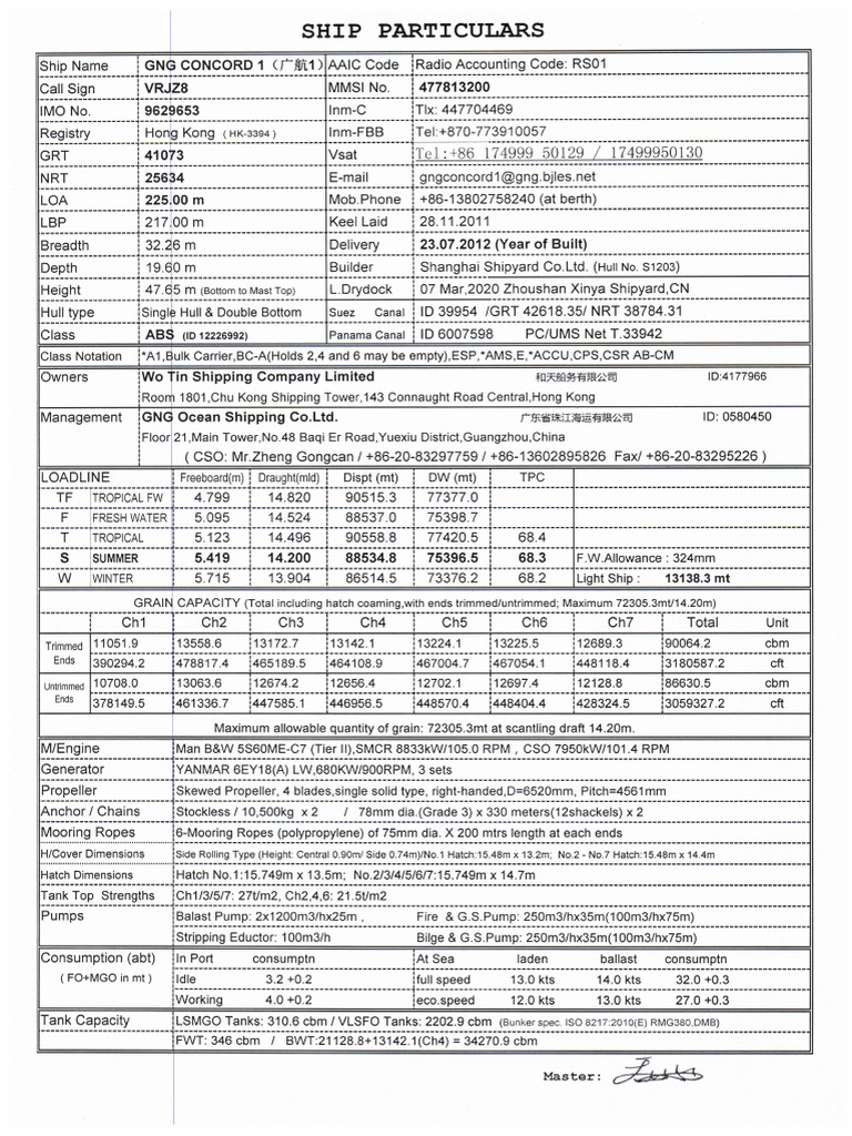 MV GNG Concord 1 - Ships Particulars | PDF