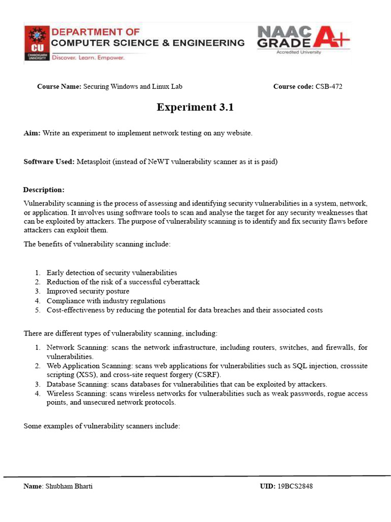 SW&L 19bcs2848 Exp8 | PDF | Vulnerability (Computing) | Security