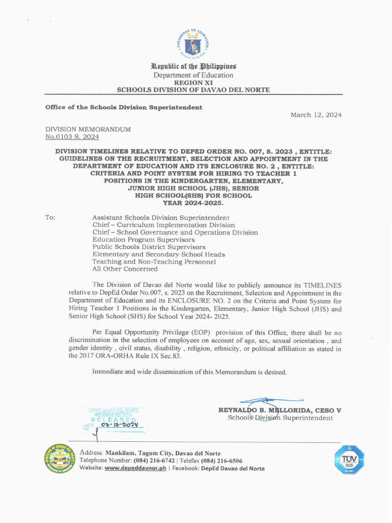 DM 0103 S. 2024 Division Timelines Relative To Deped Order No. 007S ...