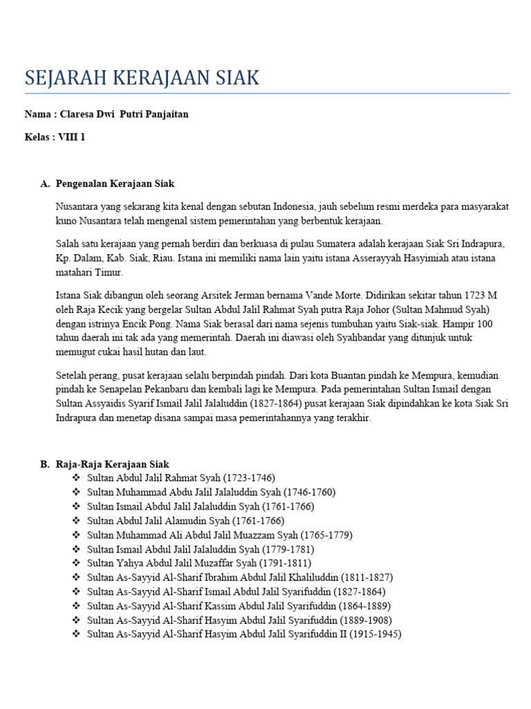 Sejarah dan Peninggalan Kerajaan Siak | PDF