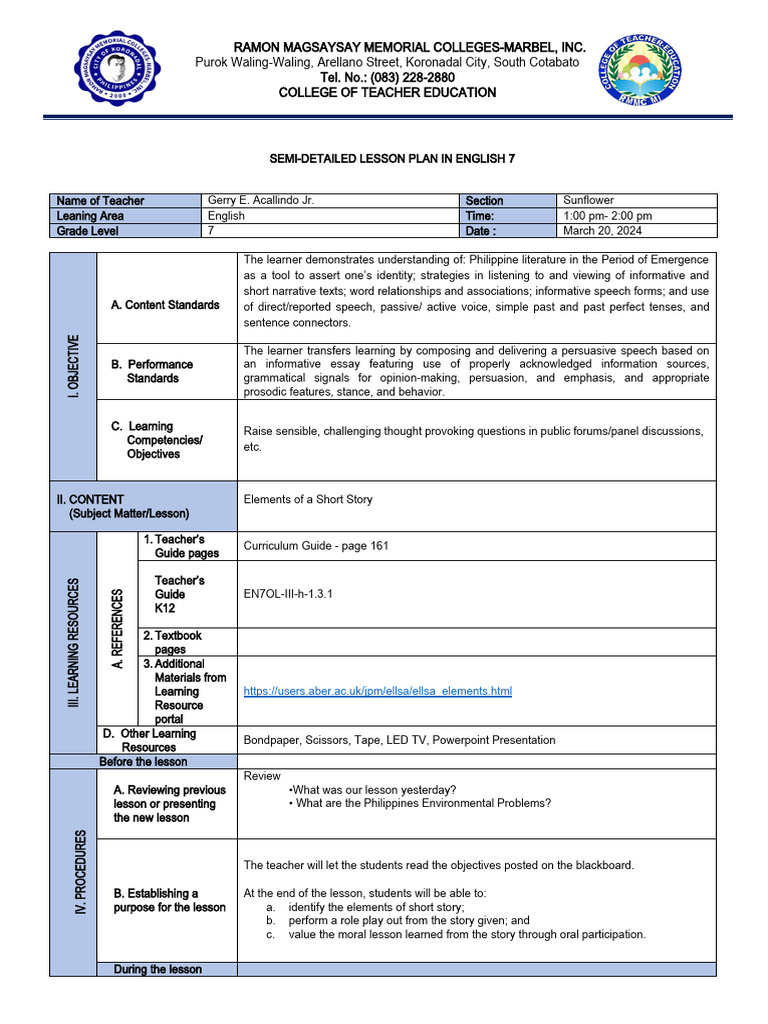 English 7 Lesson Plan: Short Story Elements | PDF | Learning | Teachers