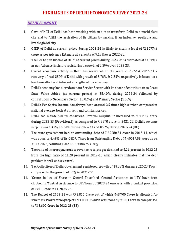 Delhi Economic Survey 2023-24 Highlights | PDF | Gross Domestic Product ...