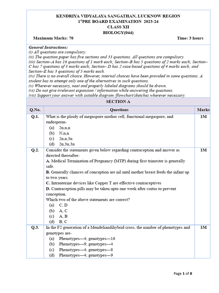 KVS Lucknow XII BIO QP & MS Pre-Board (23-24) | PDF | Operon | Luteinizing Hormone