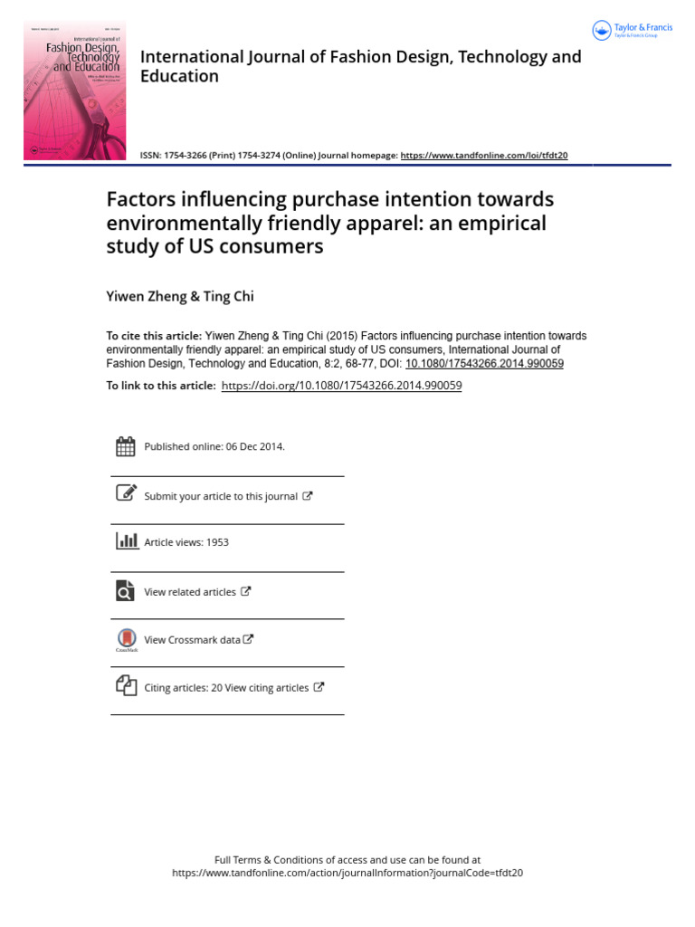 Factors Influencing Purchase Intention Towards Environmentally Friendly Apparel An Empirical ...