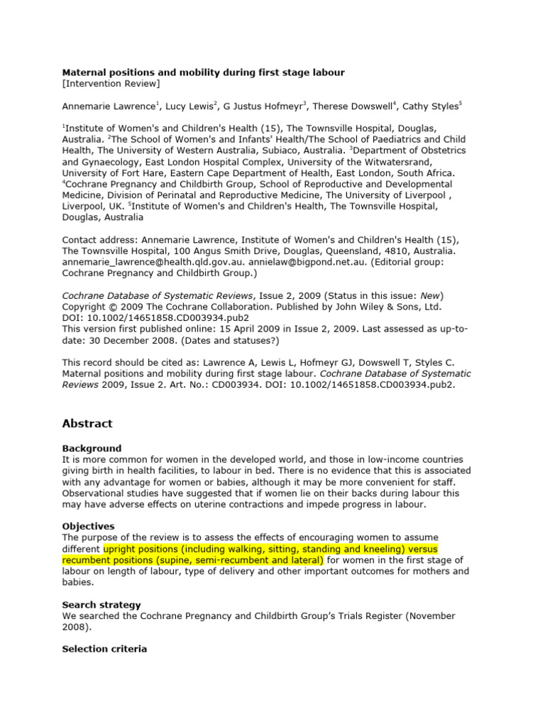 Maternal Positions and Mobility During First Stage Labour | PDF ...