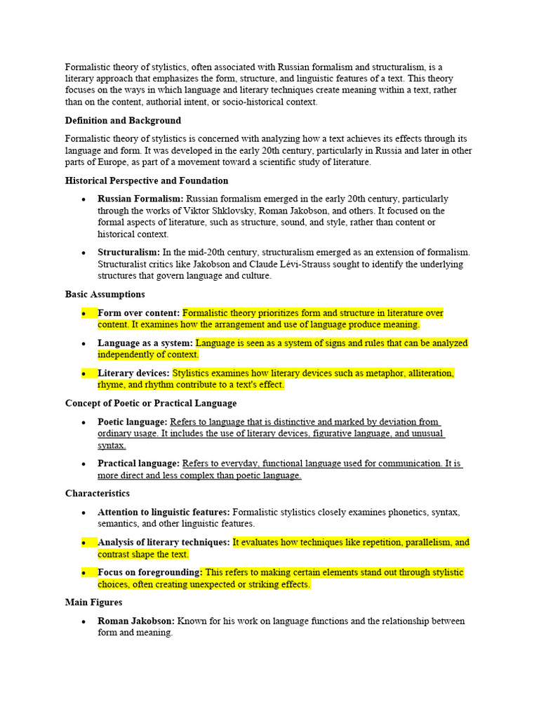 Formalistic Theory in Stylistics | PDF | Liberal Arts Education ...