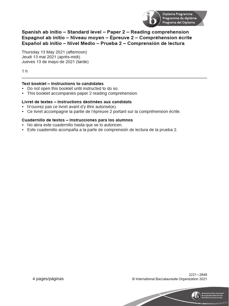 Spanish Ab Initio Paper 2 Reading Comprehension Text Booklet SL Spanish ...