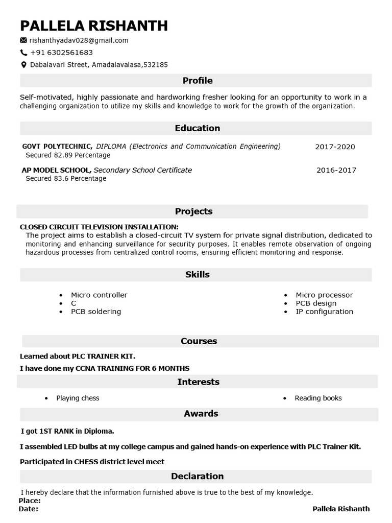 Pallela Rishanth Resume 3 | PDF | Computers