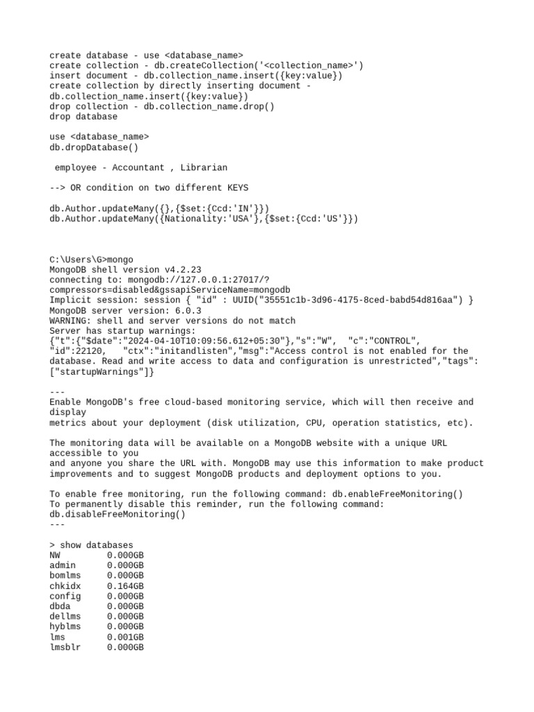 Day6-Raw Dump of All The Commands MongoDB Commands On Last Day | PDF | Mongo Db | Information ...