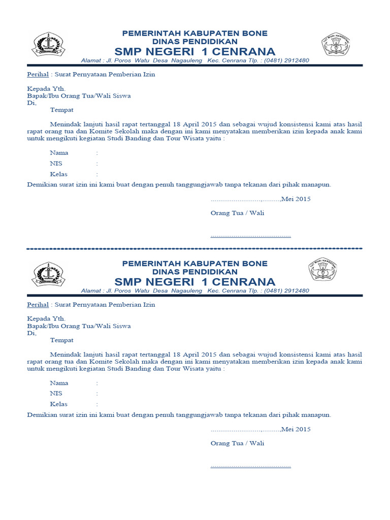 Surat Izin Study Tour Siswa | PDF