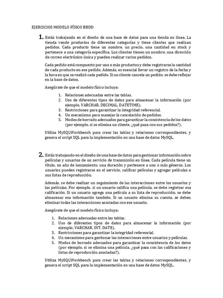 EJERCICIOS MODELO FÍSICO BBDD - Clase | PDF | Bases de datos | Base de datos relacional