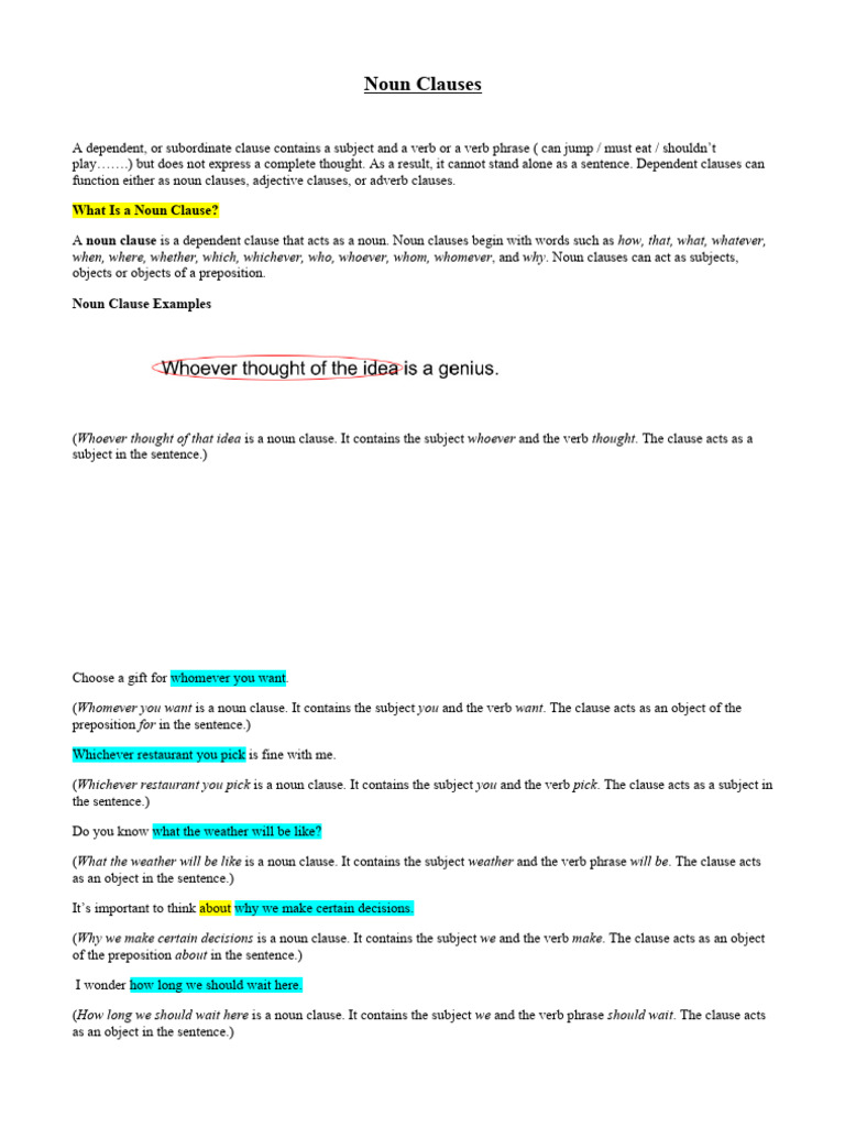 Noun Clauses For Students | PDF | Verb | Clause