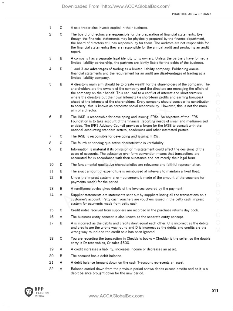 Ans ACCA MOCK BPP 1 (100 MCQ) | PDF | Debits And Credits | Corporations