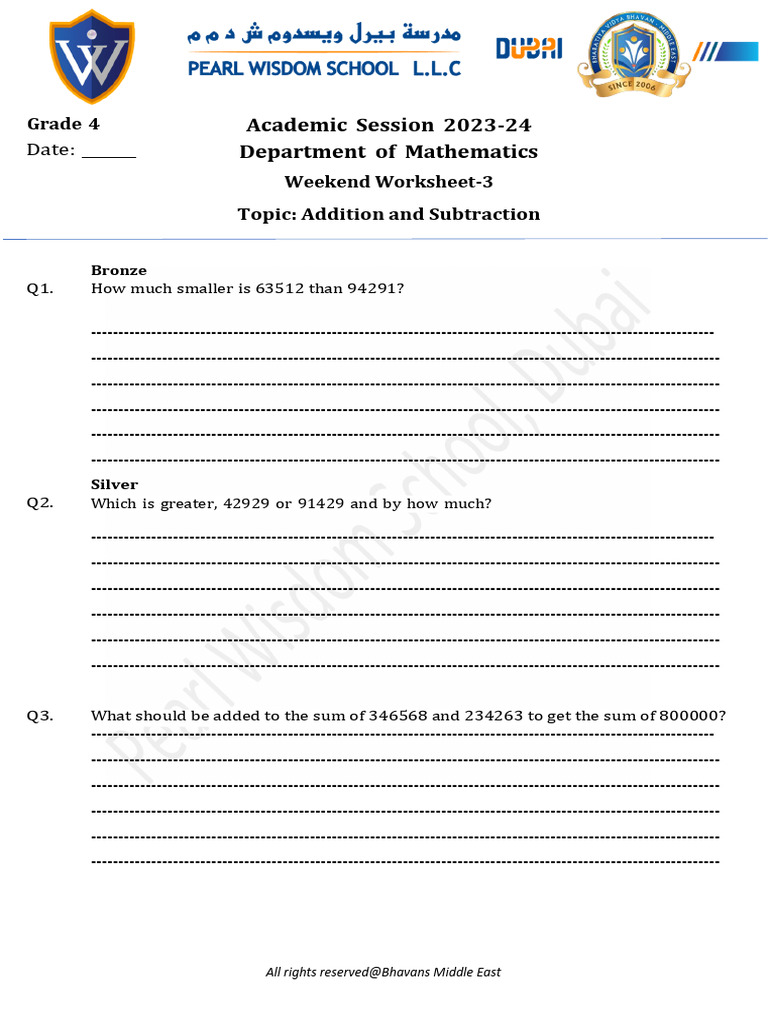Addition and Subtraction_Weekend Worksheet-3 | PDF