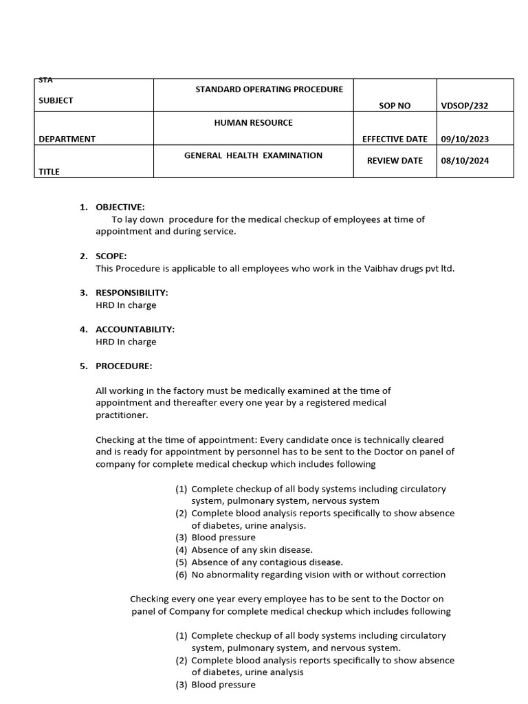 -SOP-General-Health-Examination | PDF | Physical Examination | Diseases And Disorders