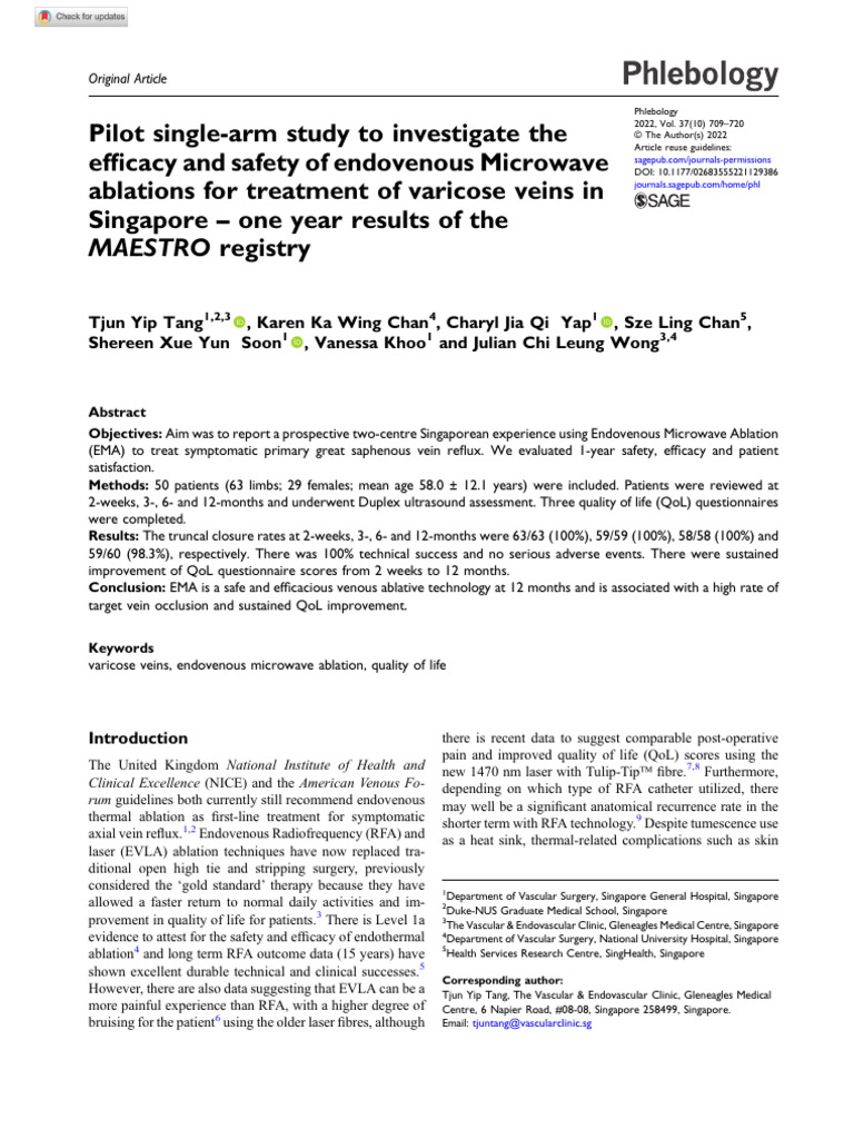 Tang Et Al 2022 Pilot Single Arm Study To Inve | PDF | Varicose Veins ...