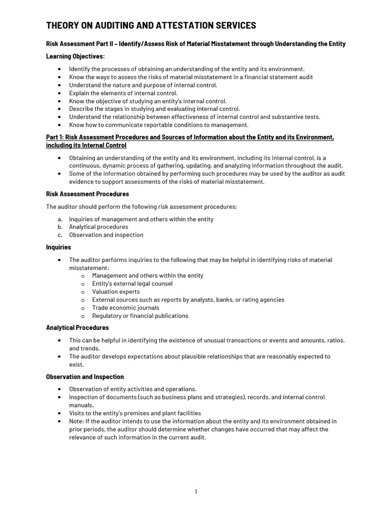 Risk Assessment Part II Identify Assess Risk of Material Misstatement Through Understanding The ...