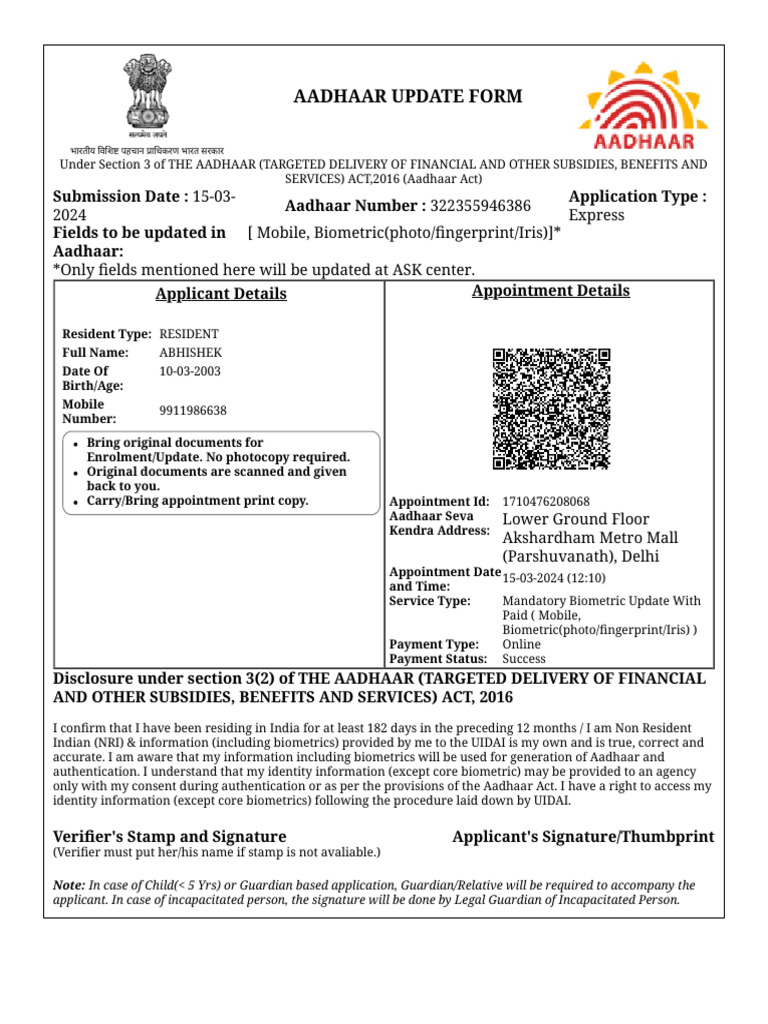 Aadhaar Appointment Confirmation Slip | PDF | Biometrics | Crime Prevention