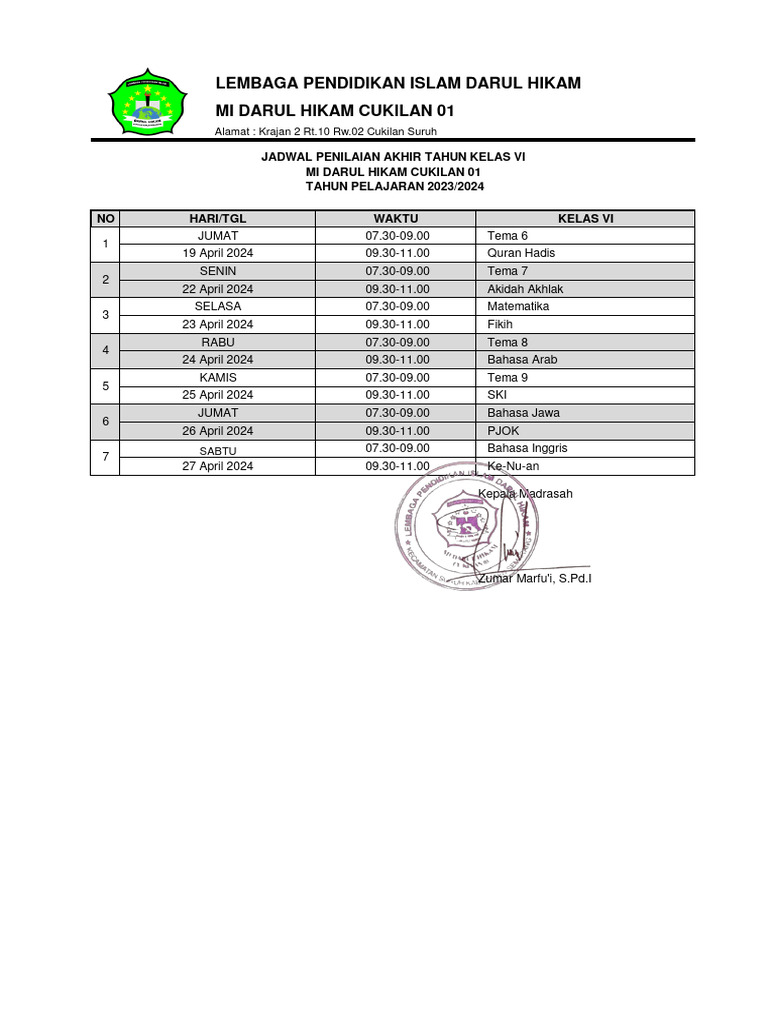 JADWAL PAT kELAS 6 2024 | PDF