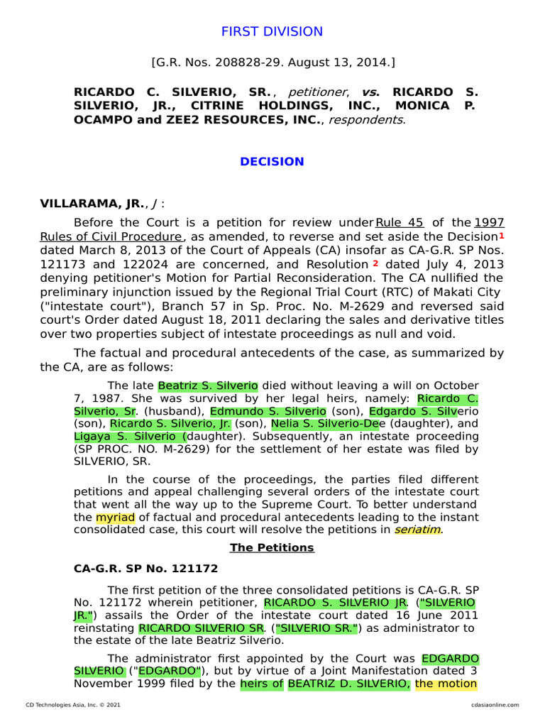 Silverio Estate Dispute Review Decision | PDF | Injunction | Probate