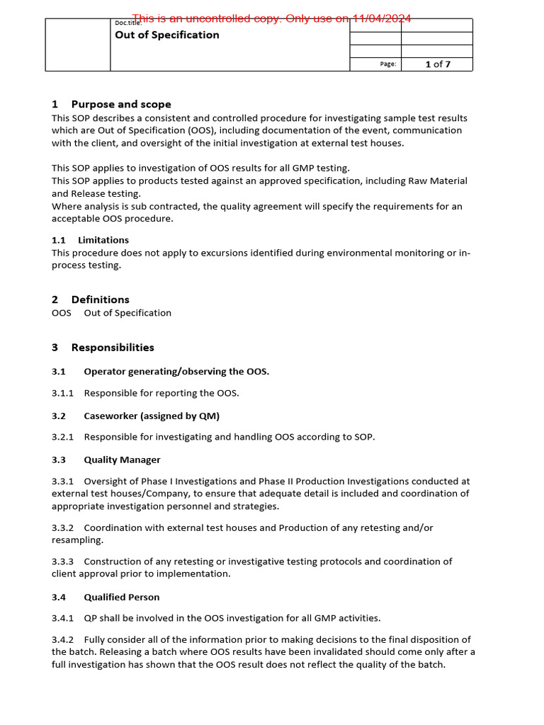 Out of Specification Investigation SOP | PDF | Specification (Technical ...