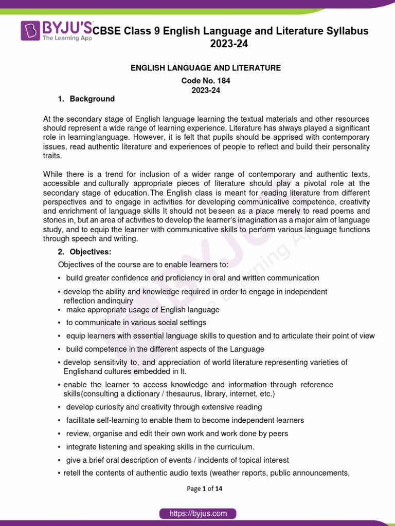 CBSE Class 9 English Language and Literature Syllabus 2023 24 | PDF ...