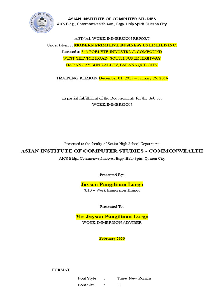 Work Immersion Report at Modern Primitive | PDF