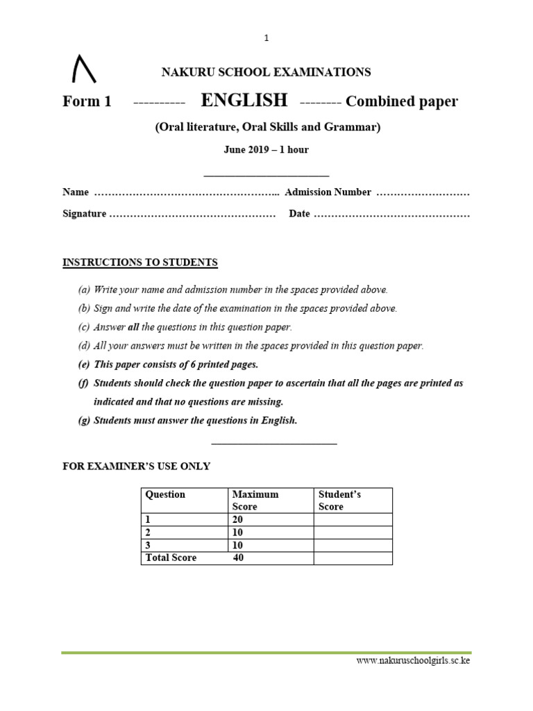 Form 1 Corona Exam 2020 | PDF