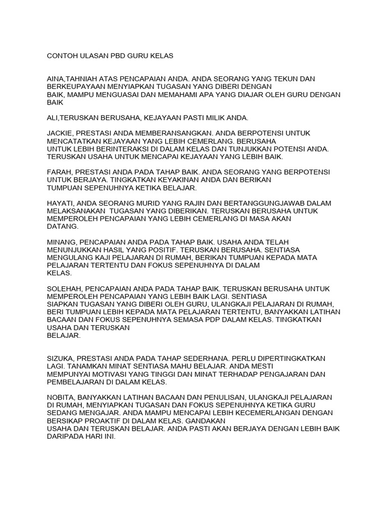 Contoh Ulasan PBD Guru Kelas | PDF