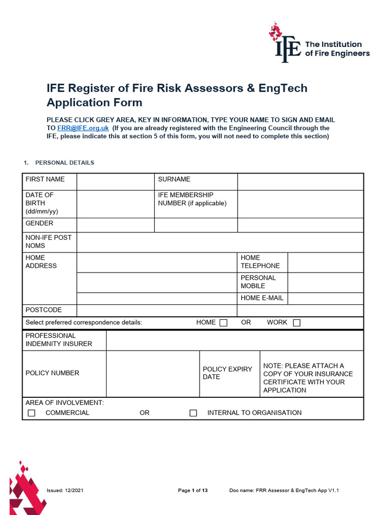 264 Fire Risk Assessor and EngTech Application Form | PDF