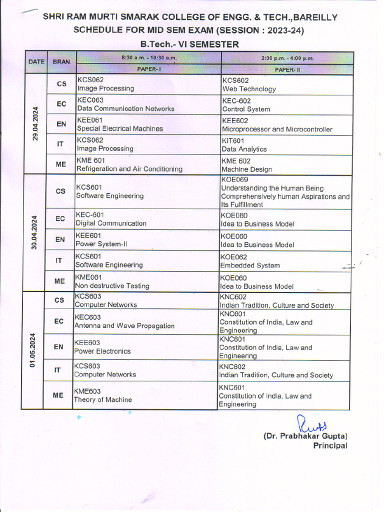 Mid Sem Schedule | PDF