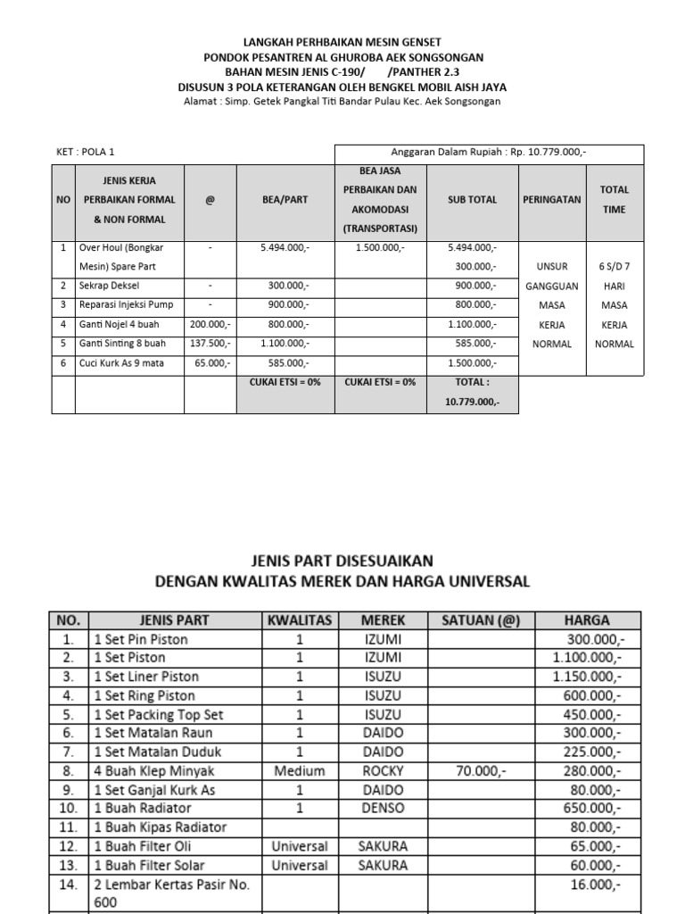 Proposal Perbaikan Genset | PDF | Teknologi & Rekayasa